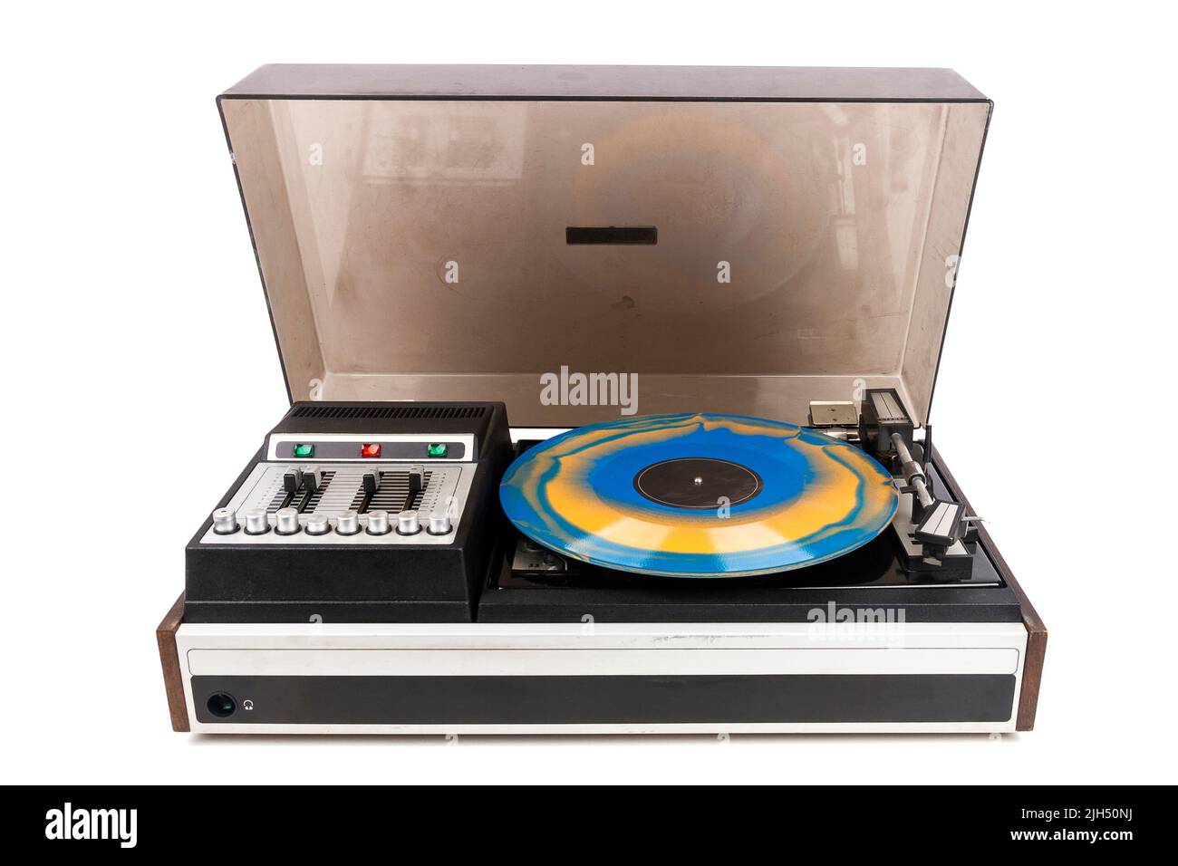 Vintage turntable record player with blue and orange vinyl isolated on ...