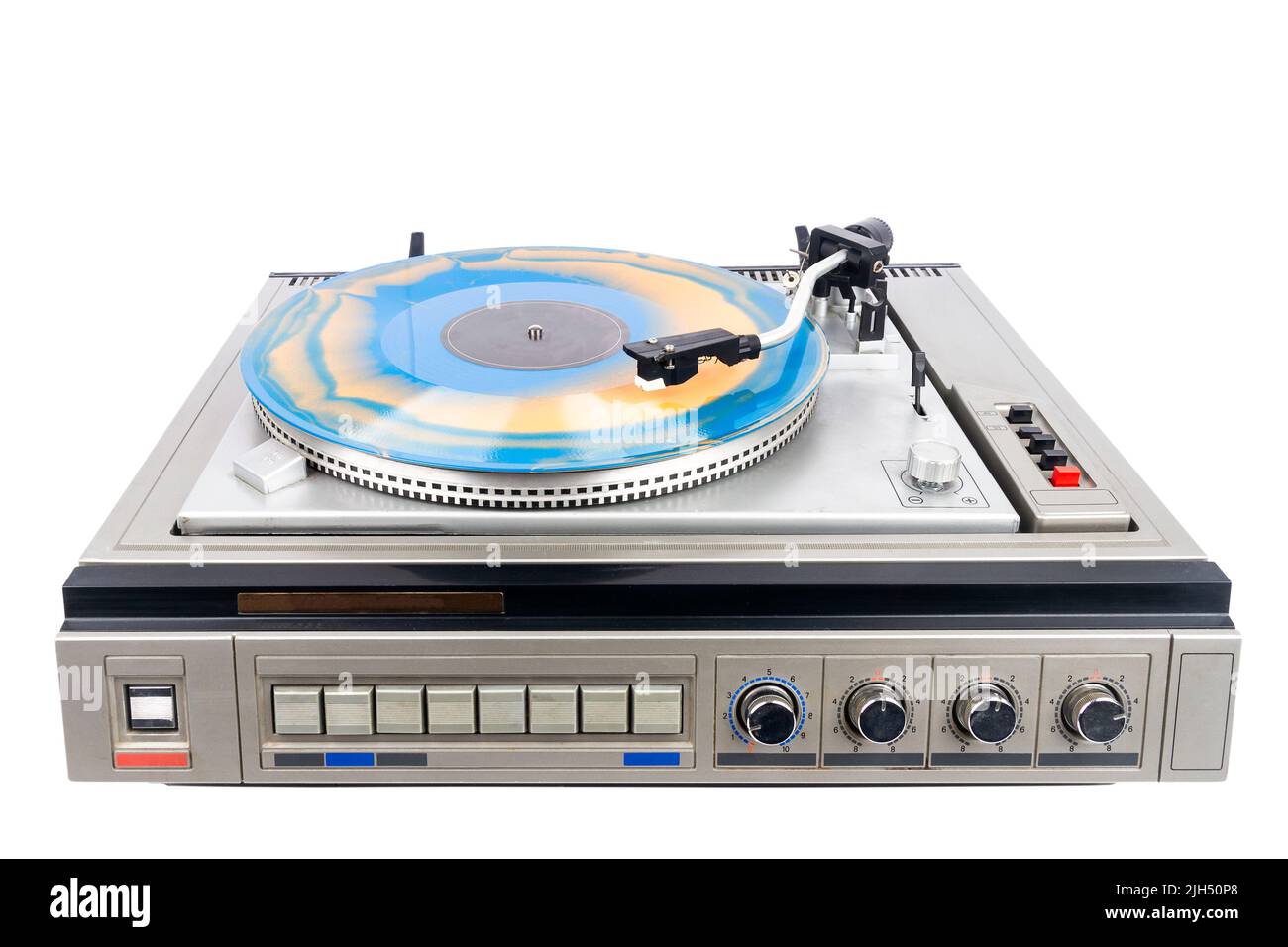 Vintage turntable record player with blue and orange vinyl isolated on ...
