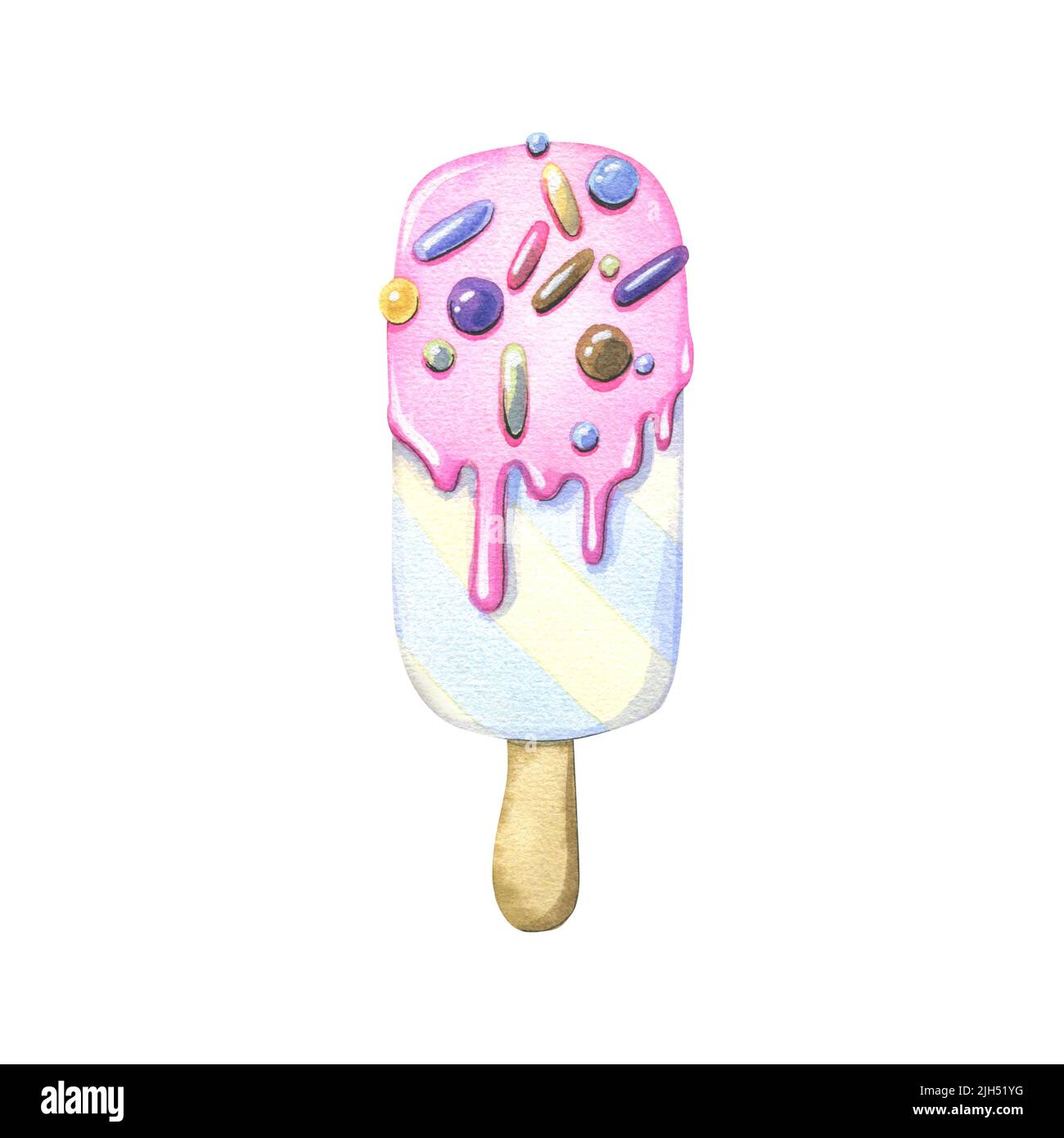 Popsicle in pink glaze with pastry sprinkles. Watercolor illustration ...