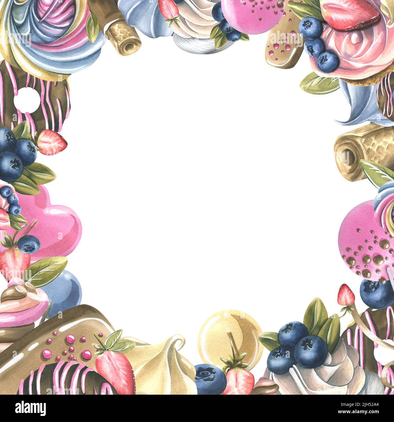 Square frame of various cakes, sweets, popsicles, berries, donuts ...