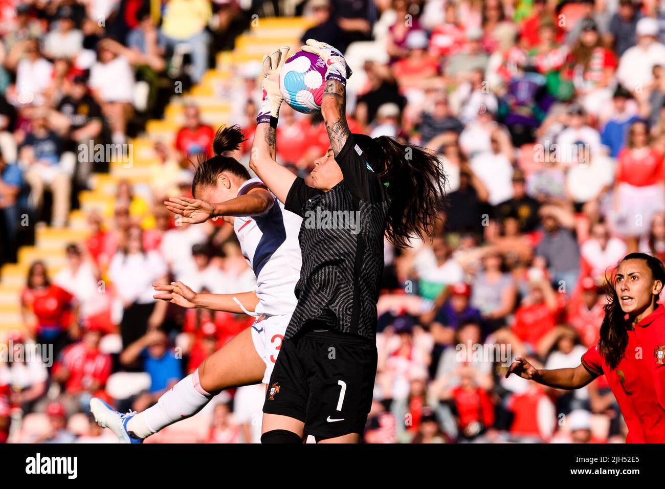 LEIGH, ENGLAND - JULY 09: Goalkeeper Ines Pereira of Portugal (R ...