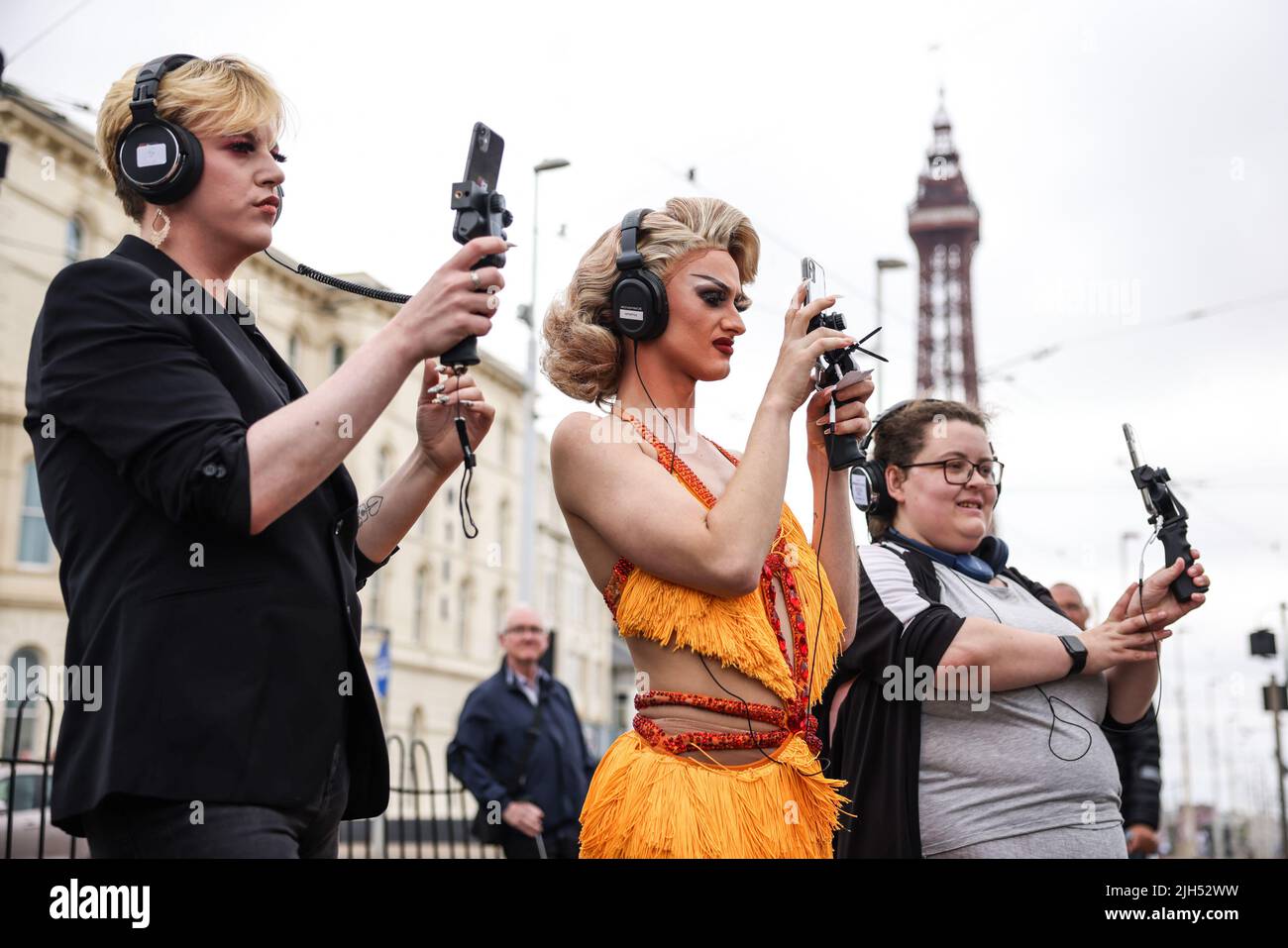 EDITORIAL USE ONLY Funny Girls performers Shevez Platt and Nikki Rush try out an Augmented ...