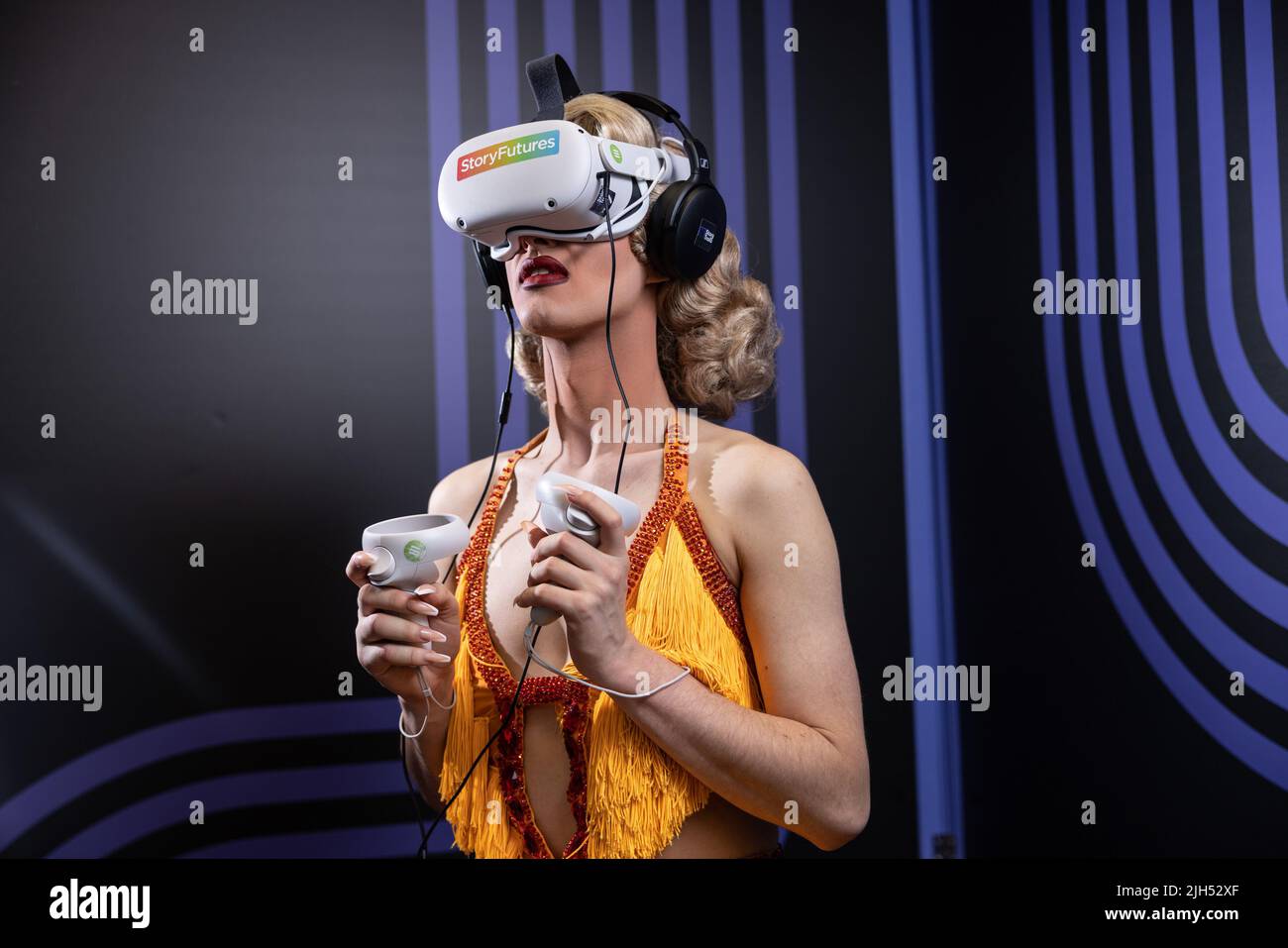 EDITORIAL USE ONLY Funny Girls performer Nikki Rush tries out VR at StoryTrails, part of Unboxed ...