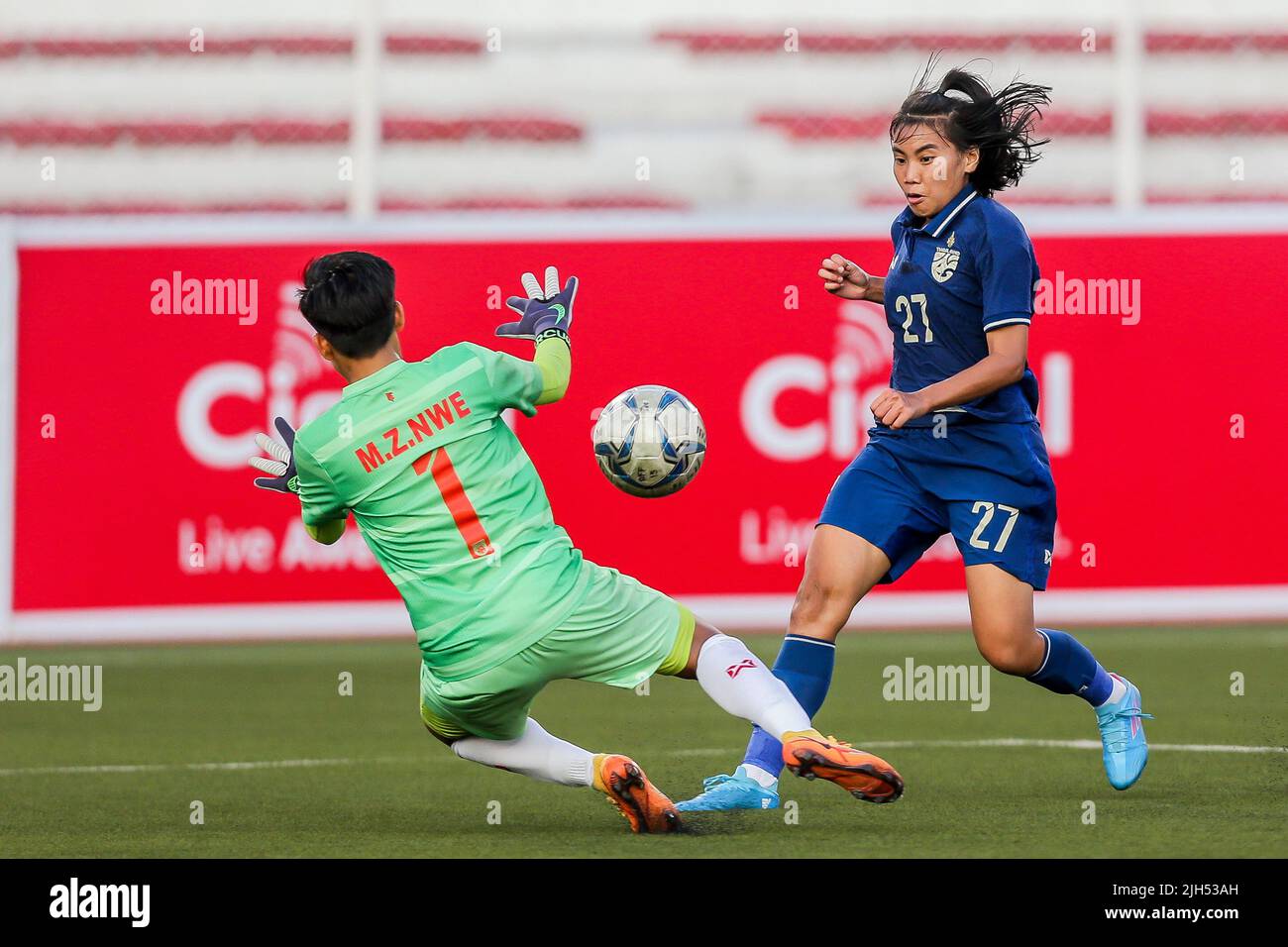 Manila. 15th July, 2022. Myanmar's goalkeeper May Zin Nwe tries to save ...