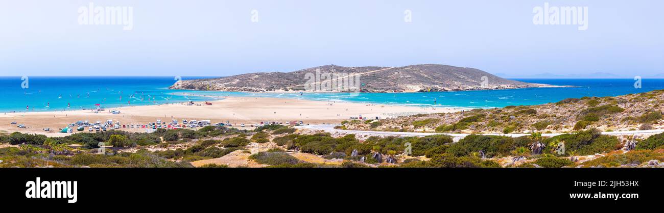 Prasonisi beach on the southern part of Rhodes, Greece. Famous surfer ...