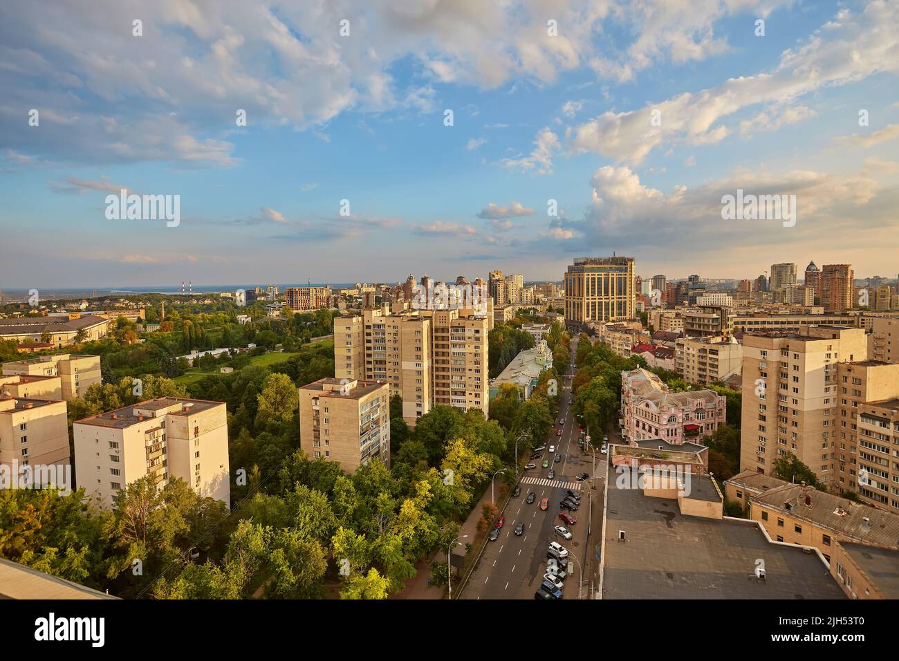 Modern residential areas of Kyiv on the right bank of the Dnipro River ...