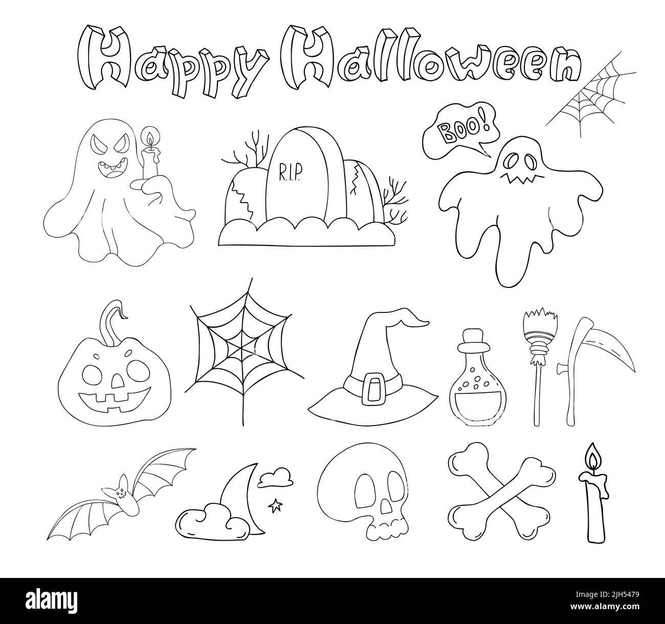 Happy Halloween. Linear hand drawn doodles Jack pumpkin, ghost, web ...