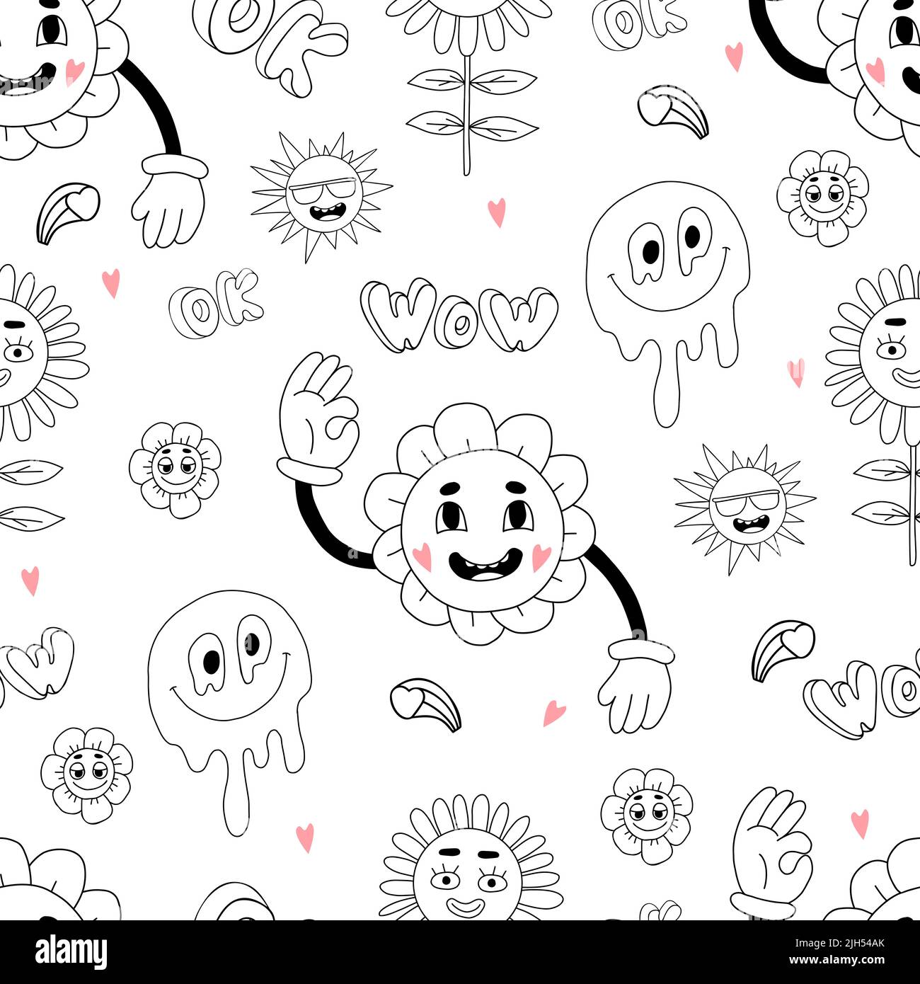 Retro seamless pattern with groovy elements. Vector linear hand drawn ...