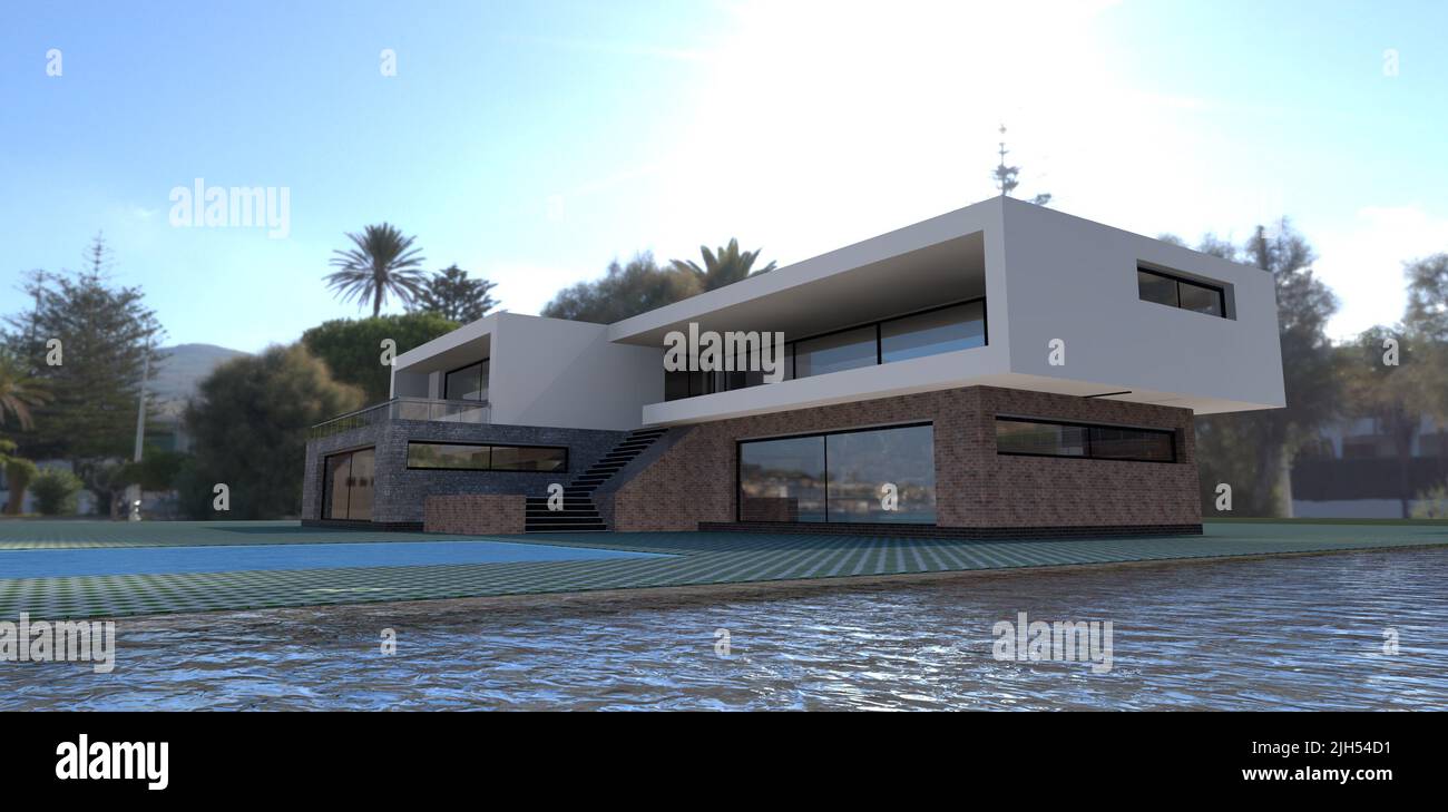 A luxurious modern high-tech villa on the banks of a river somewhere in ...