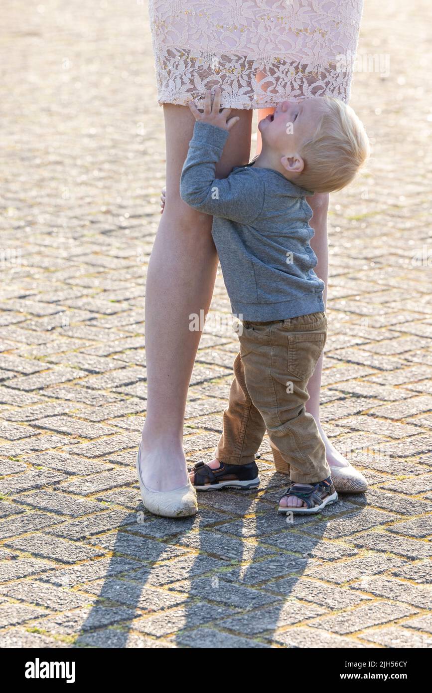 Boy hugs mom leg hi-res stock photography and images - Alamy