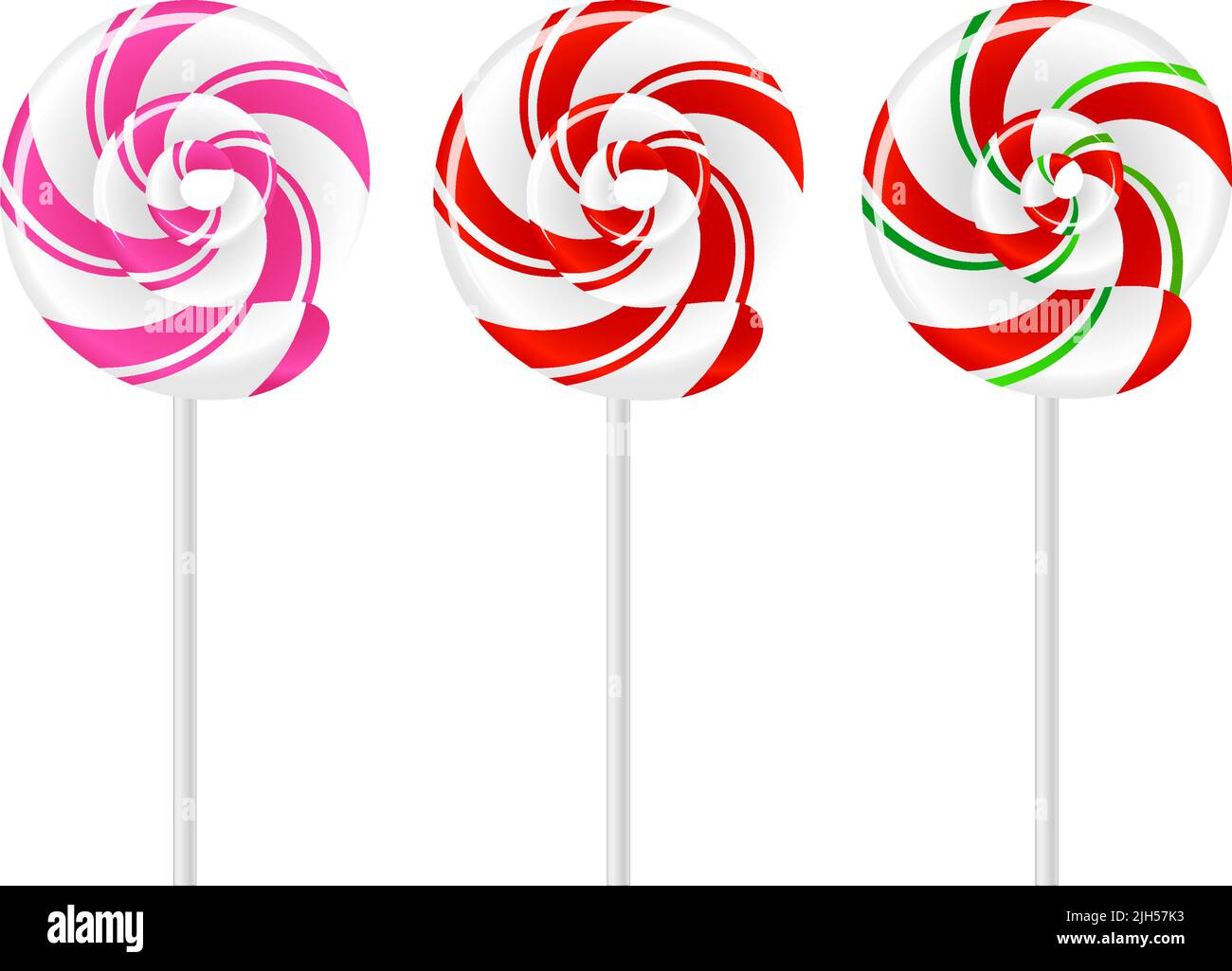 Set of realistic spiral striped colorful lollipops on white sticks ...