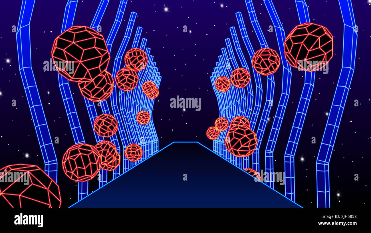Neon corridor with wireframe shapes in 80s synthwave style. Abstrace ...