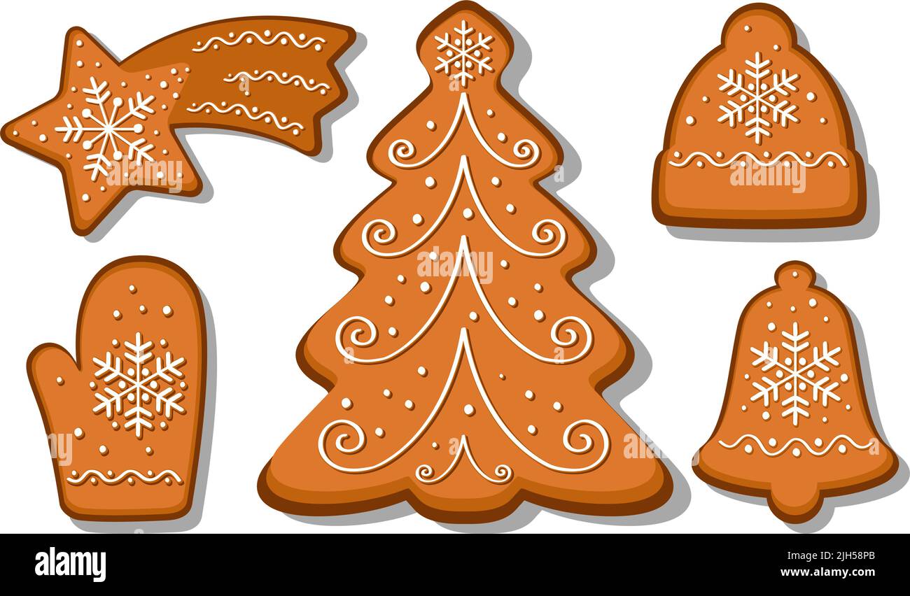 Vector set of gingerbread cookies. Christmas tree, mitten, bell, cap ...