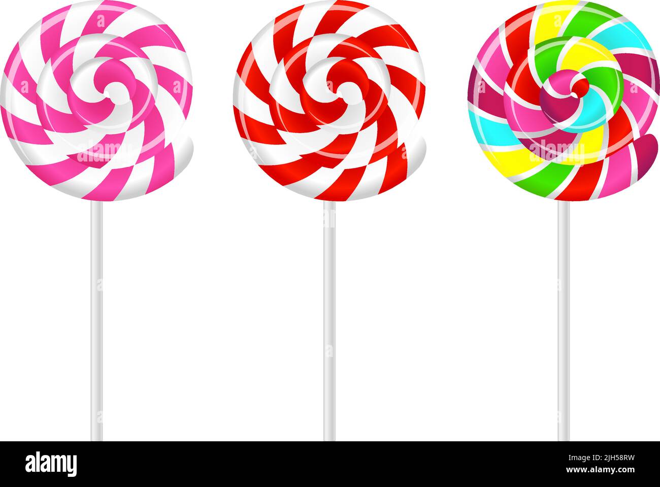 Set of realistic striped colorful lollipops on white sticks isolated on ...