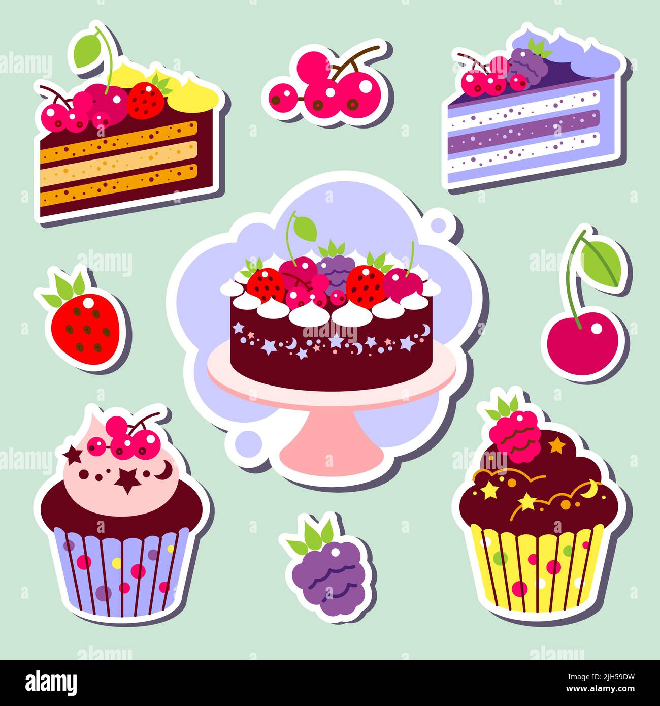 Color set of cakes and cupcakes, piece of cake. Set stickers Stock ...