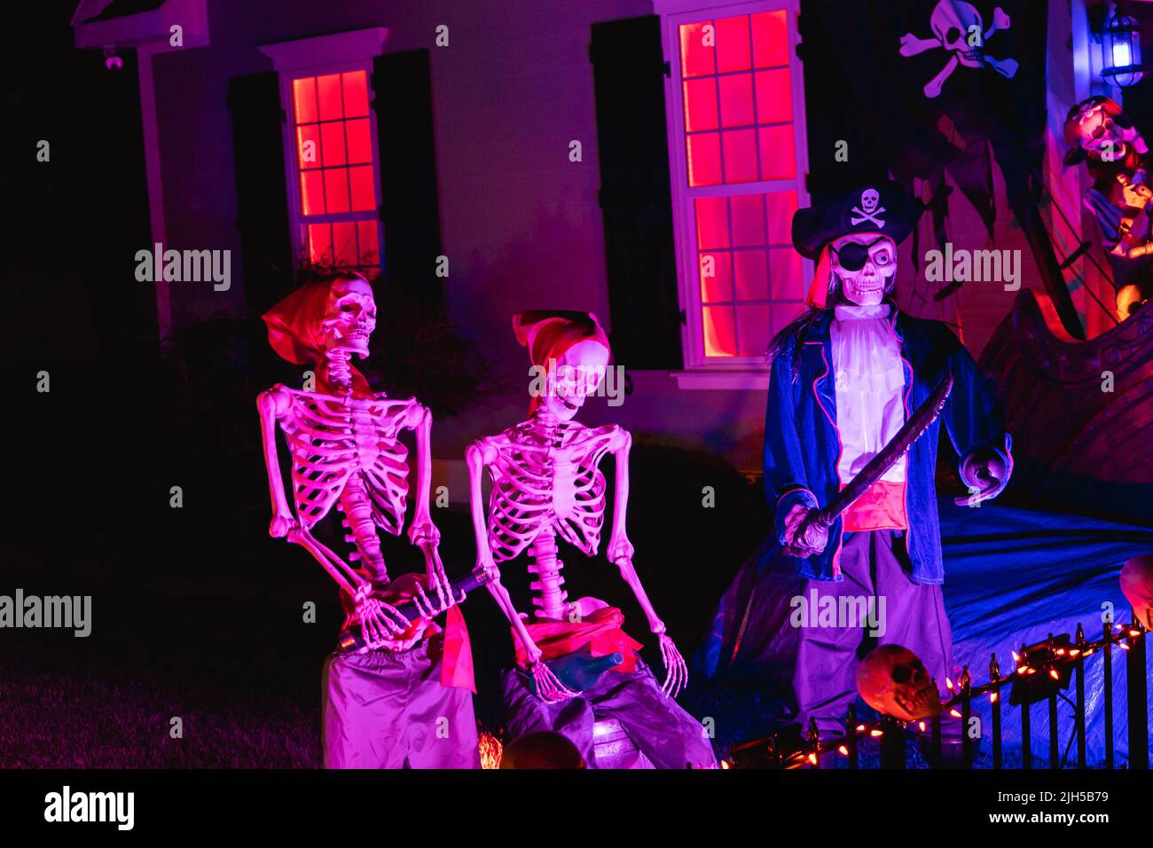 A set of skeletons and a pirate skeleton outside a haunted house on ...