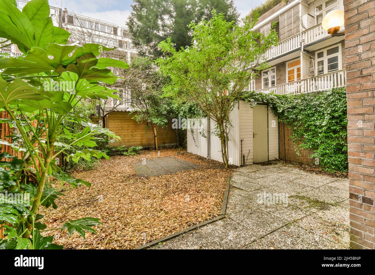 Neat paved patio with small garden near wooden fence Stock Photo - Alamy