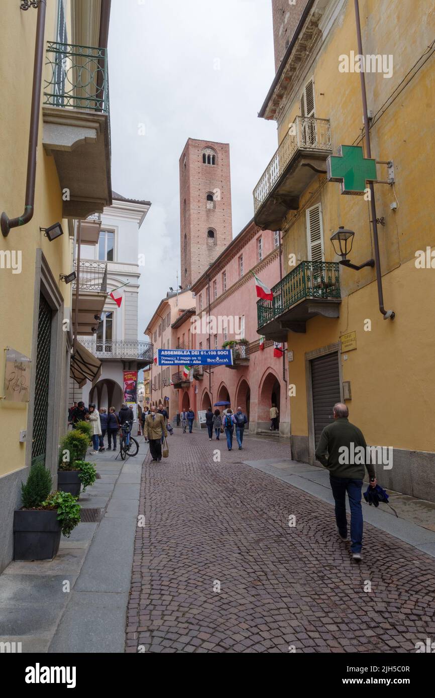 Street view in Alba old town, is a small ancient city in Piedmont ...
