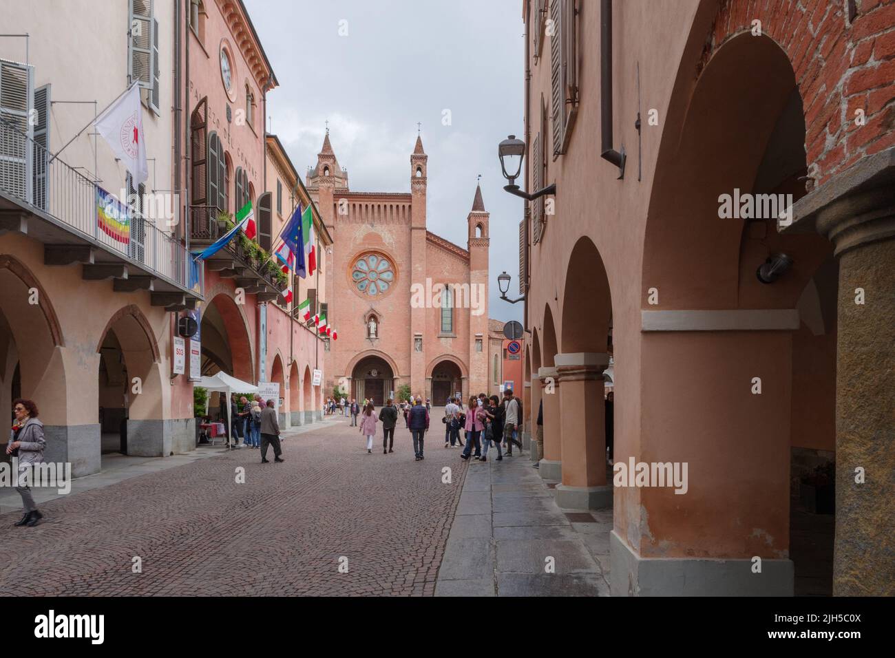 Street view in Alba old town, is a small ancient city in Piedmont ...