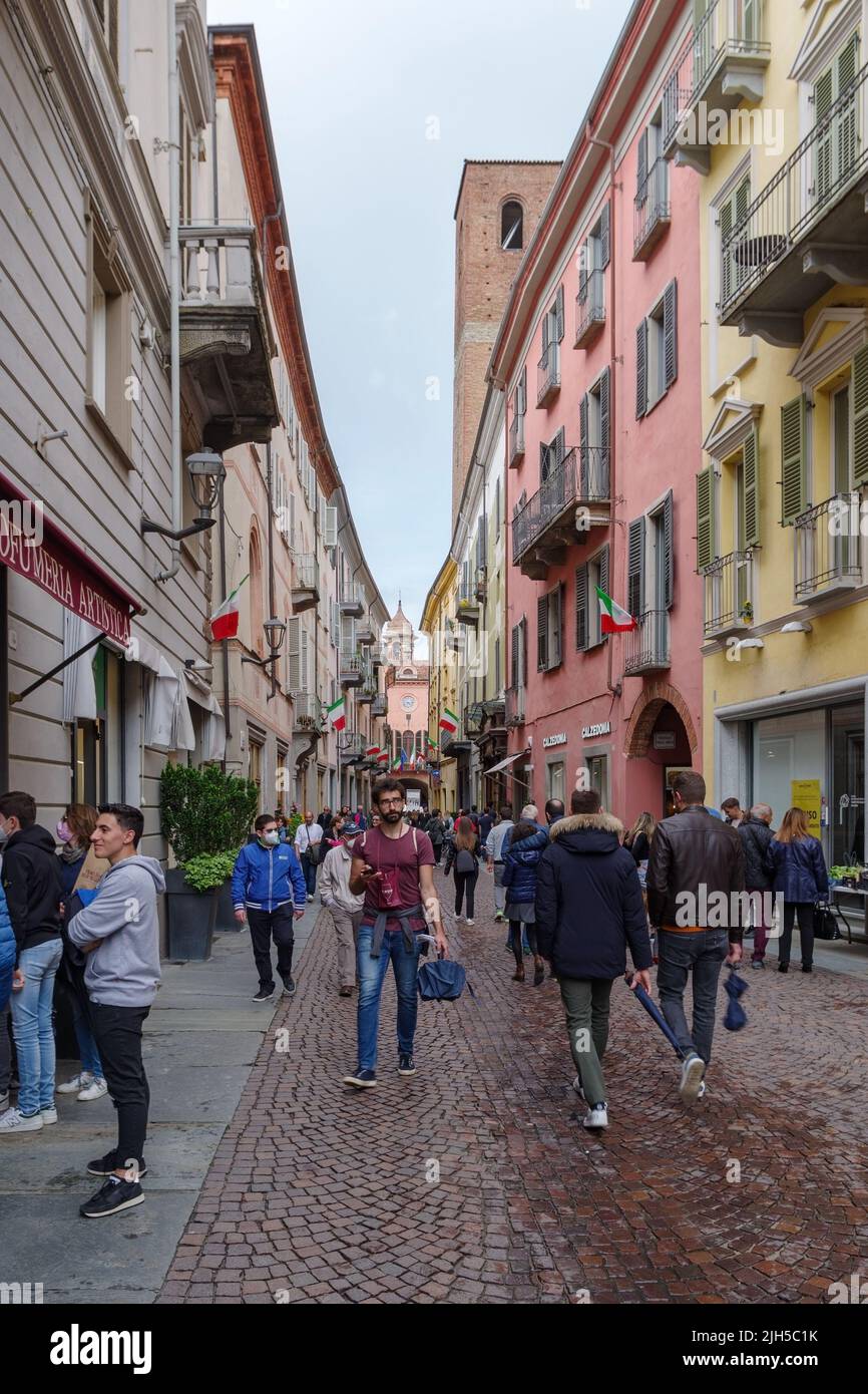 Street view in Alba old town, is a small ancient city in Piedmont ...