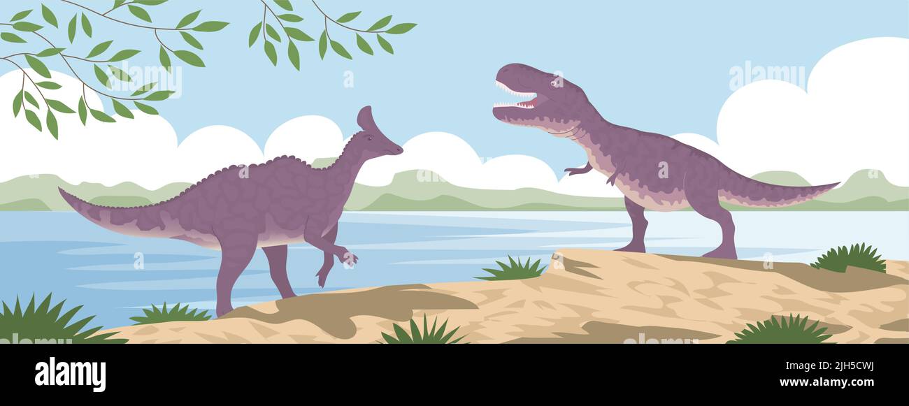 Hadrosaurus vs tyrannosaurus rex. Lizard fight. Ceratops with dangerous ...