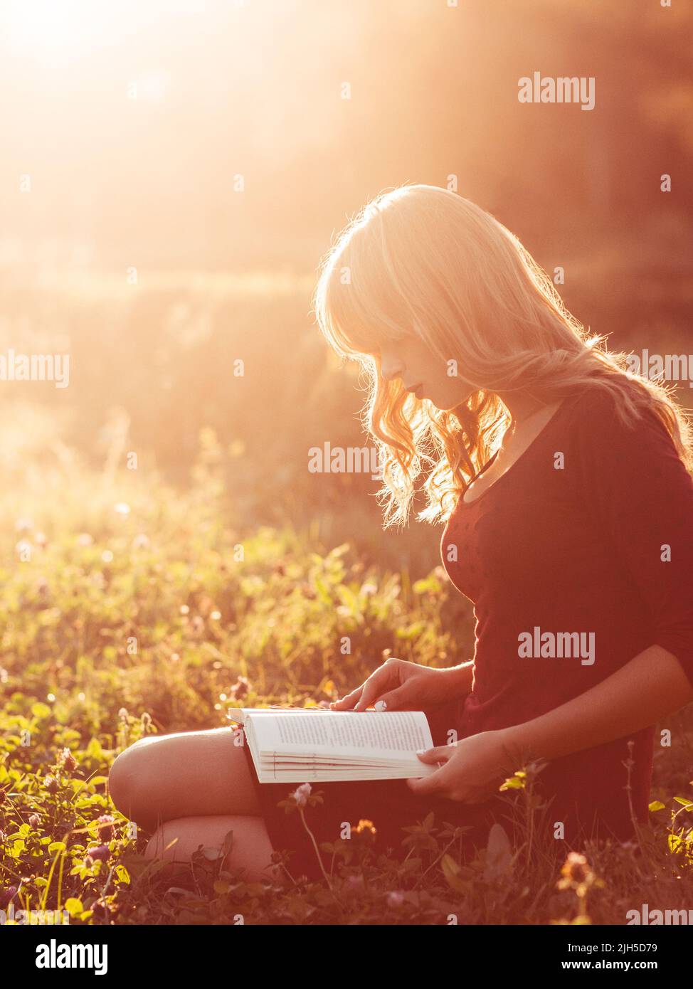 Beautiful woman reading book in nature, sun flare Stock Photo - Alamy
