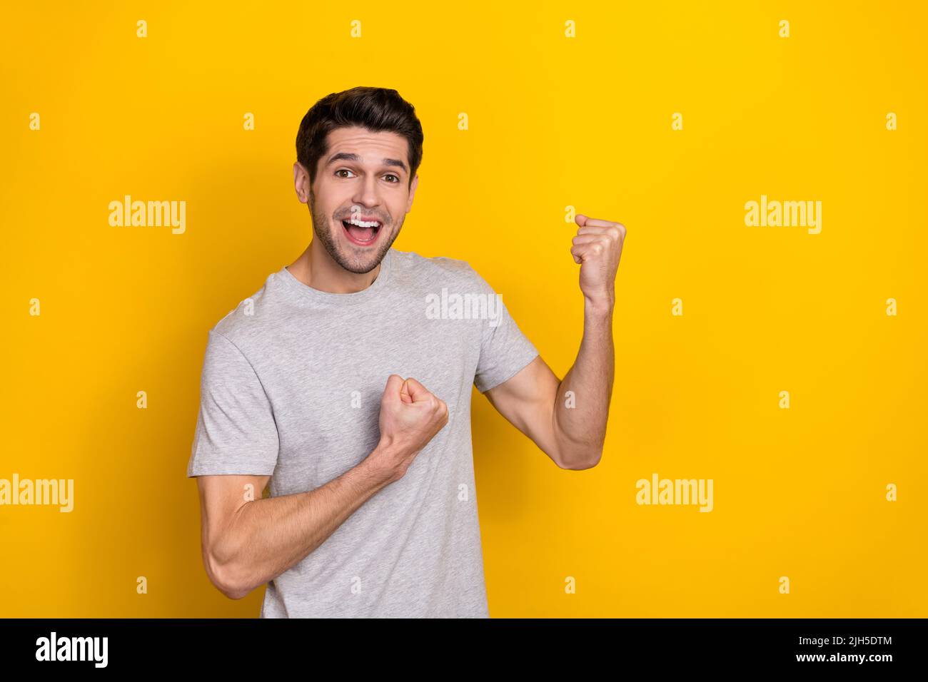 Photo of cute brunet millennial guy yell wear trend cloth isolated on ...