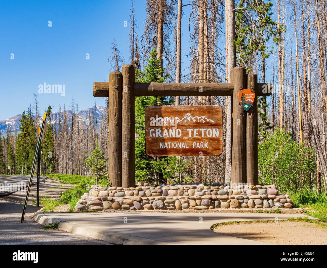 Wyoming, JUL 8 2022 - Sunny view of the sign of Grand Teton National ...