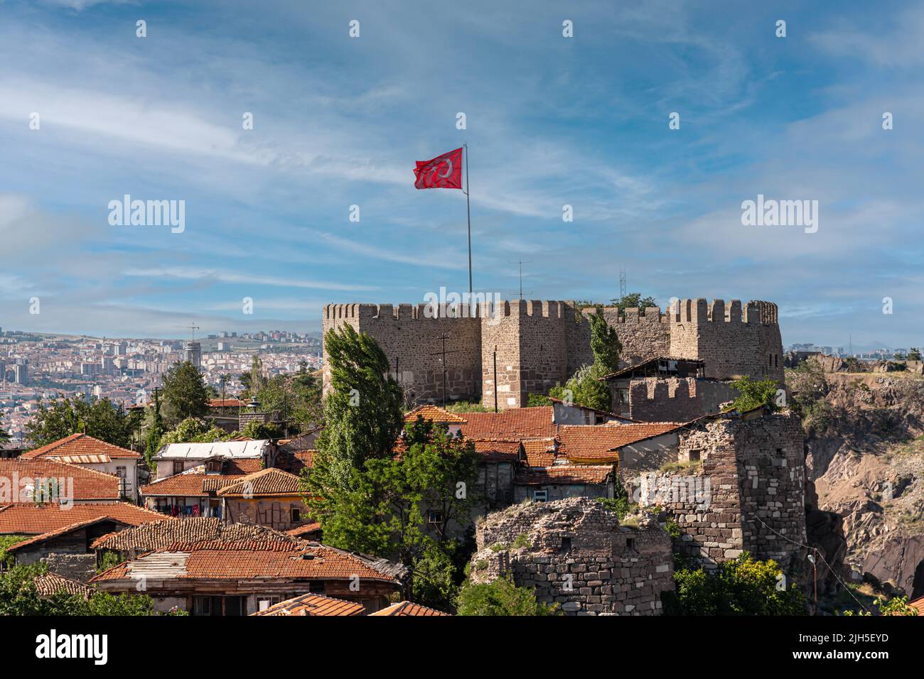 Ankara Castle with the Turkish flag flying over it. Turkish name is ...