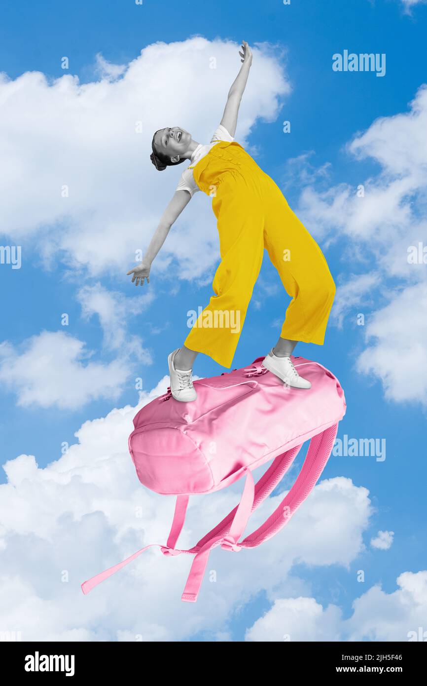 Artwork magazine picture of funny funky small kid flying clouds huge ...
