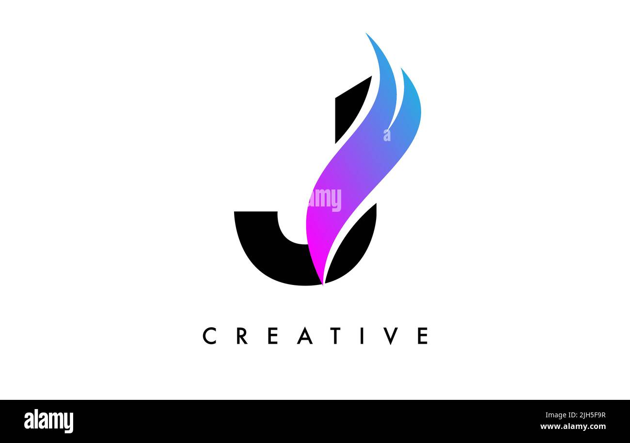 Letter J Logo Icon Design with Purple Swoosh and Creative Cut Curved ...