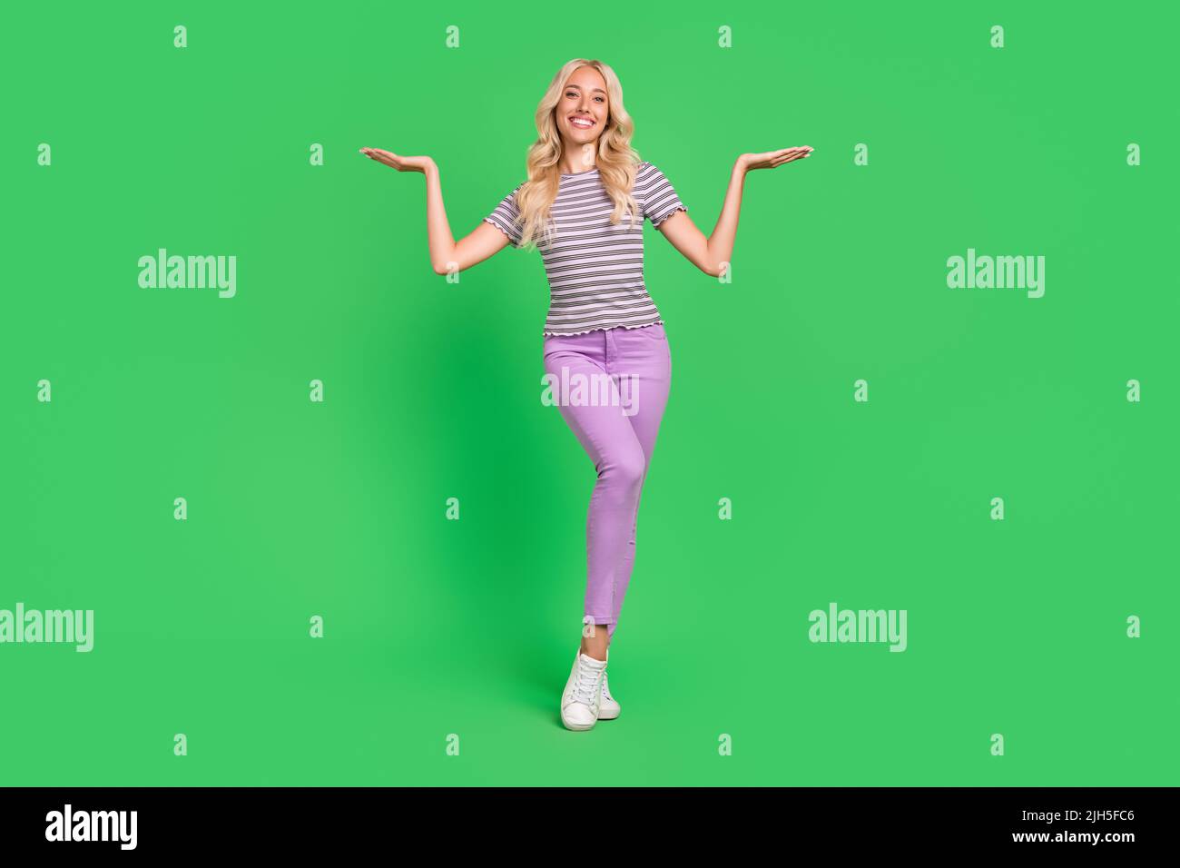 Full body portrait of cheerful positive person arms palms demonstrate ...