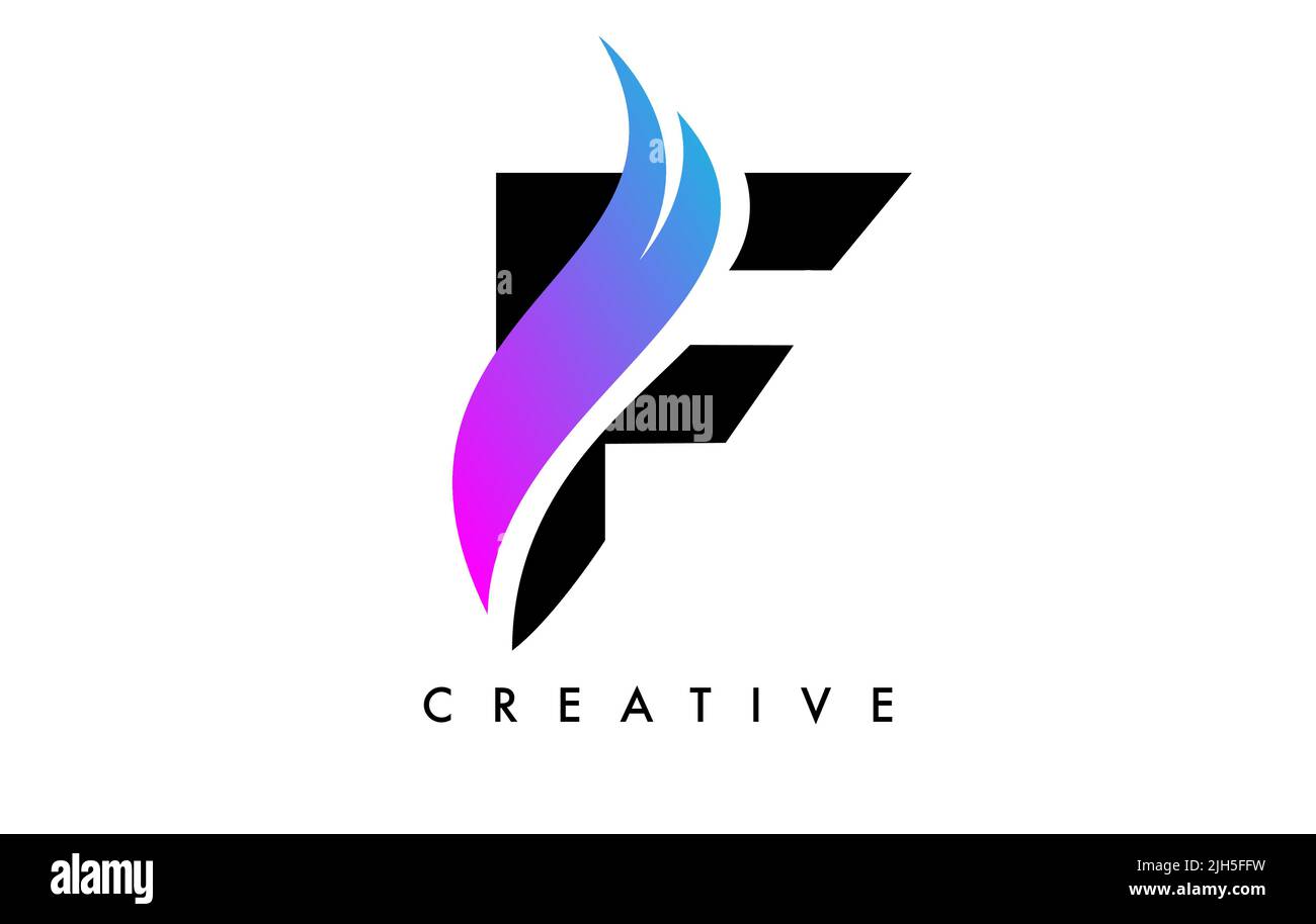 Letter F Logo Icon Design with Purple Swoosh and Creative Cut Curved ...