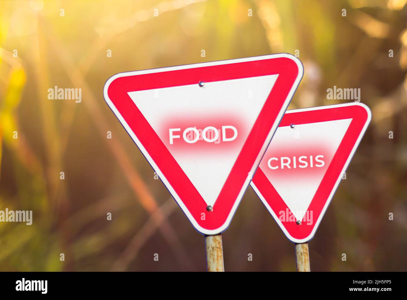 Food crisis concept. Two red road signs. Defocus blank empty triangle ...