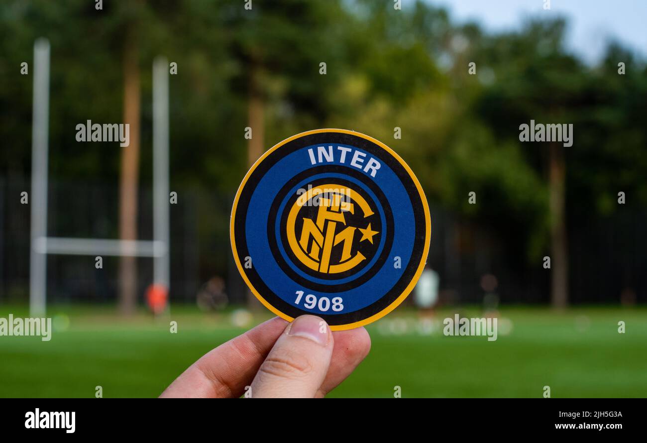 August 30, 2021, Moscow, Russia. The emblem of the football club Inter ...