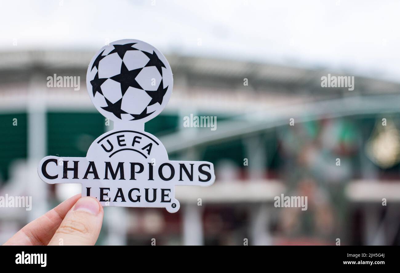 August 30, 2021, Moscow, Russia. Emblem of the UEFA Champions League on ...