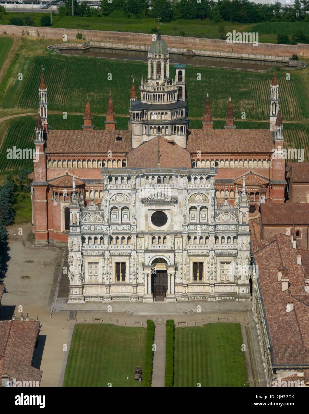 Aerial view of the Certosa di Pavia at sunny day, built in the late ...