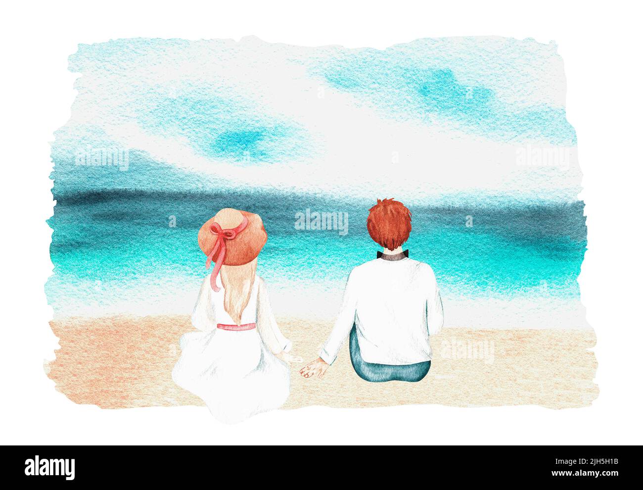 Newlyweds on their honeymoon. Watercolor illustration. Isolated on a ...