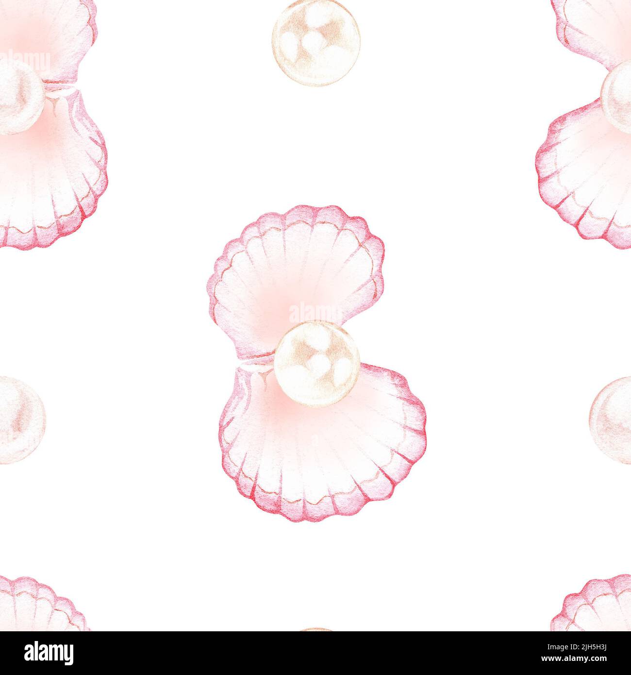 Shell with pearls. Seamless pattern. Watercolor illustration. Isolated ...