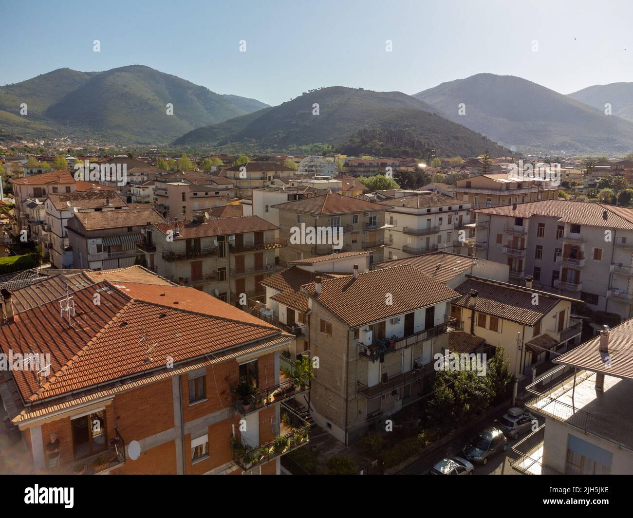 Aerial view on roofs, houses and streets of Fondi, town in agricultural ...