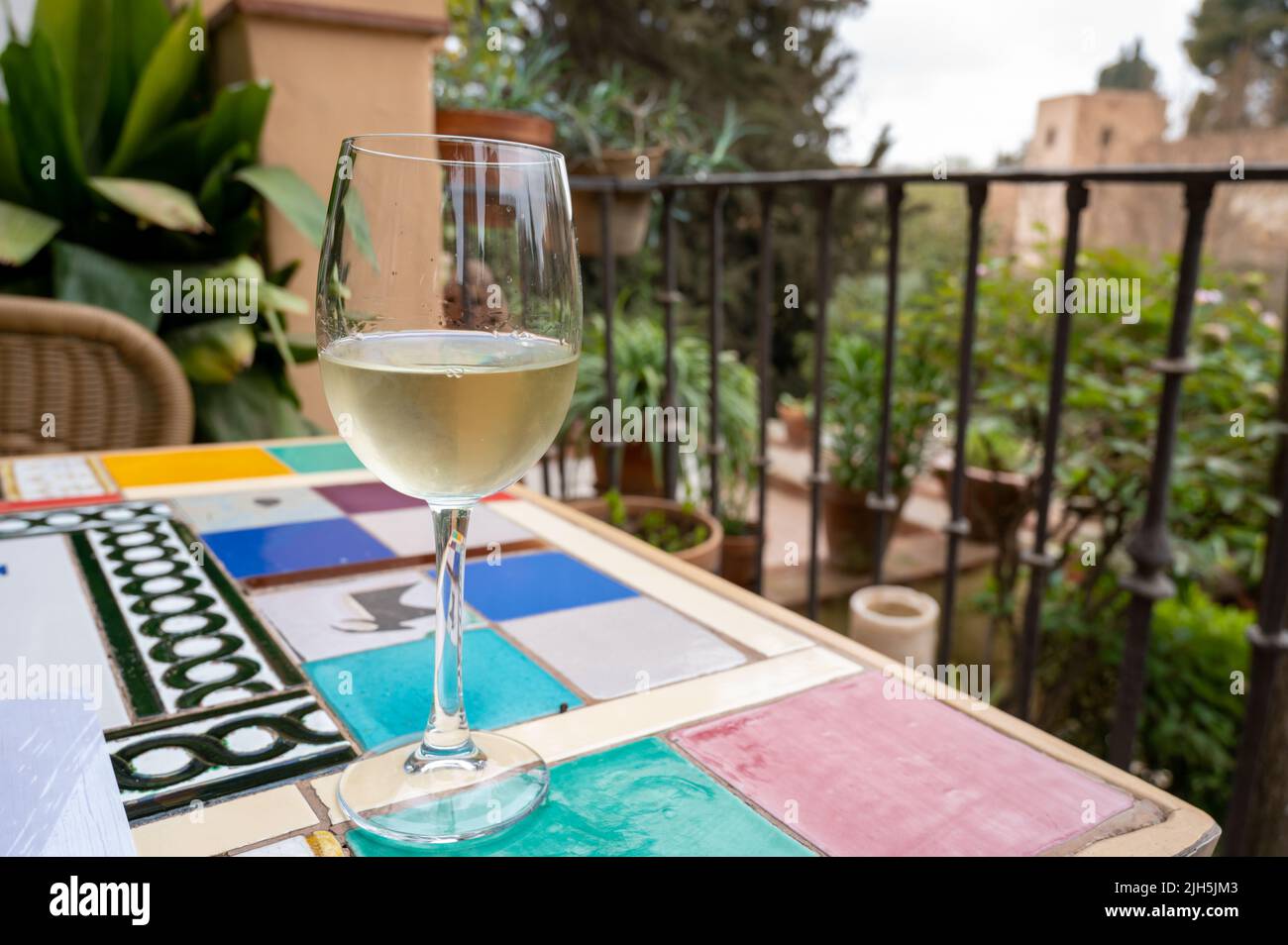 Glass of Spanish dry white wine served on outdoor terrace with view on ...