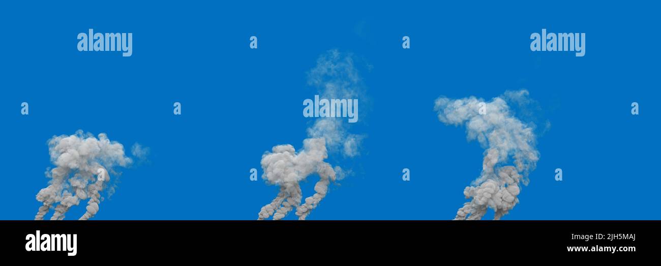 3 grey co2 emissions smoke columns from coal power plant on blue ...