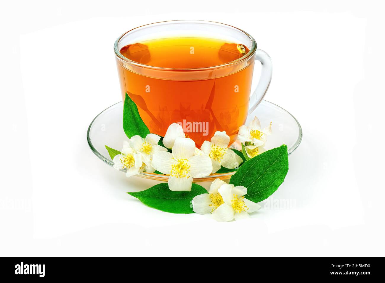 Cup of green tea with jasmine flowers isolated on white background ...