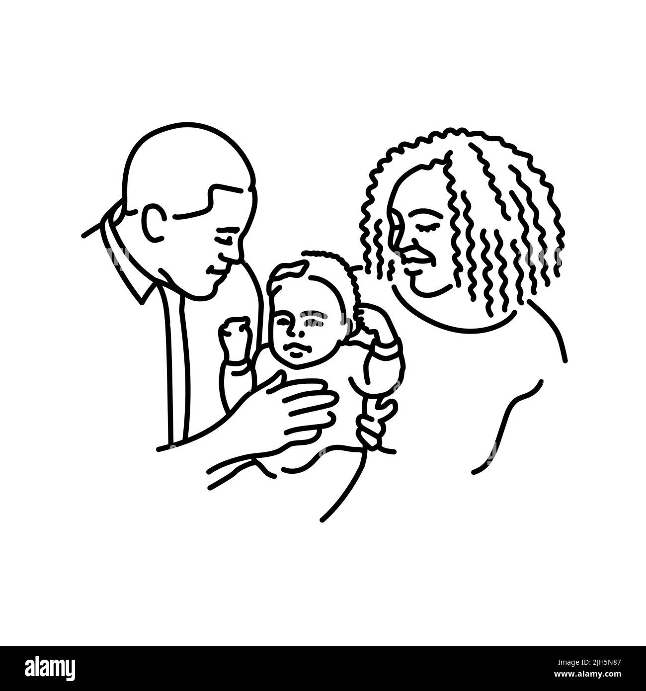 Cute african american couple with baby color line illustration. LGBT ...