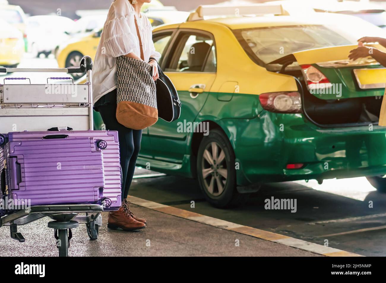 Back view of Asian female passenger with big roller luggage stand to ...