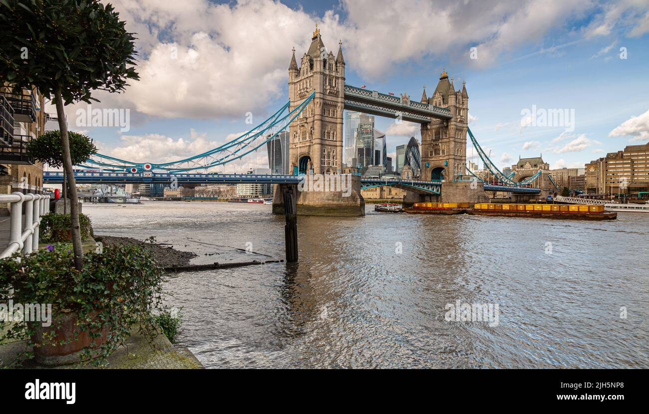 A view of modern architecture through Tower Bridge, looking across the ...
