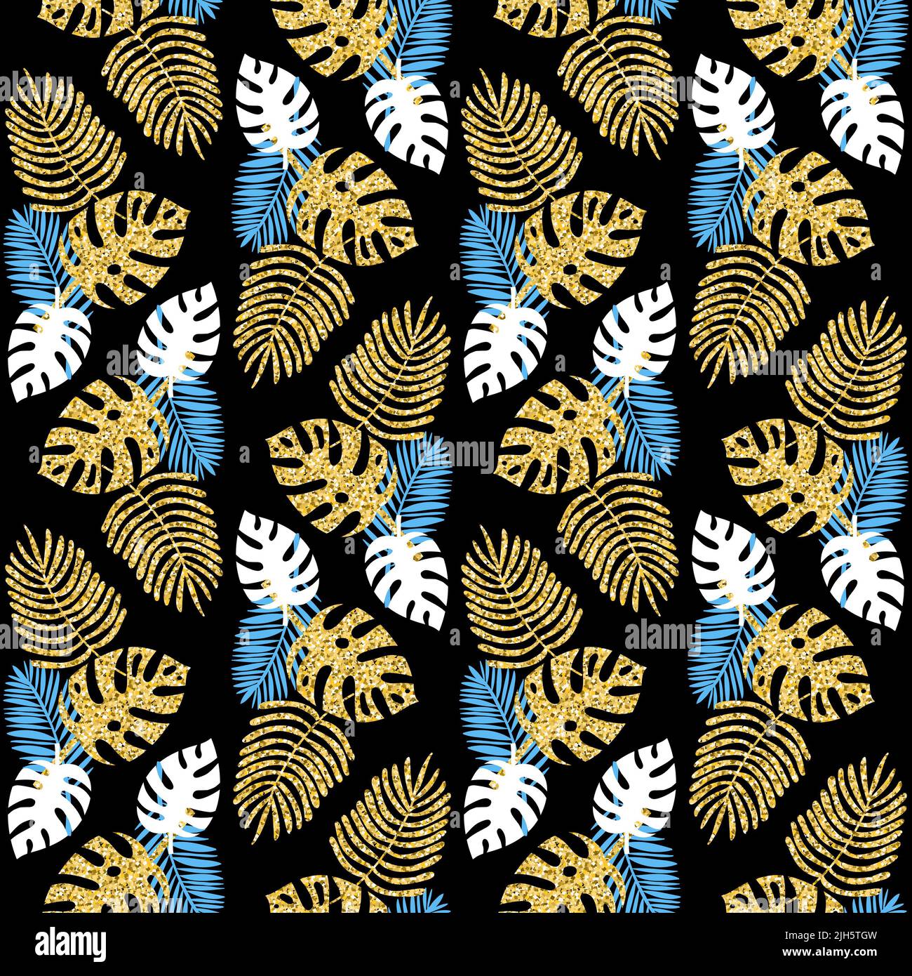 Tropical jungle seamless pattern gold black glitter shimmer palm leaf ...