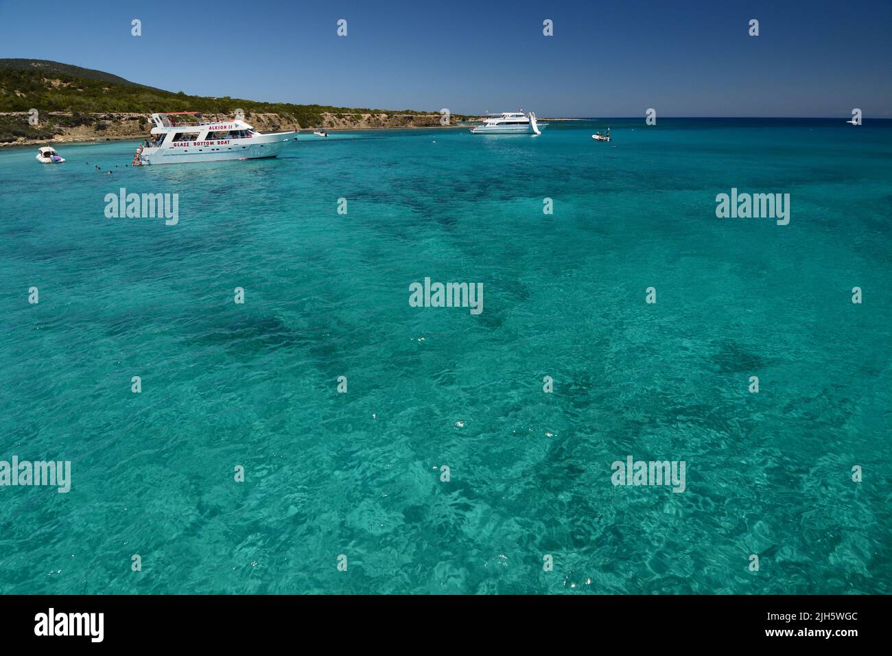 Touristic boats at the Blue lagoon. Akamas peninsula. Cyprus Stock ...