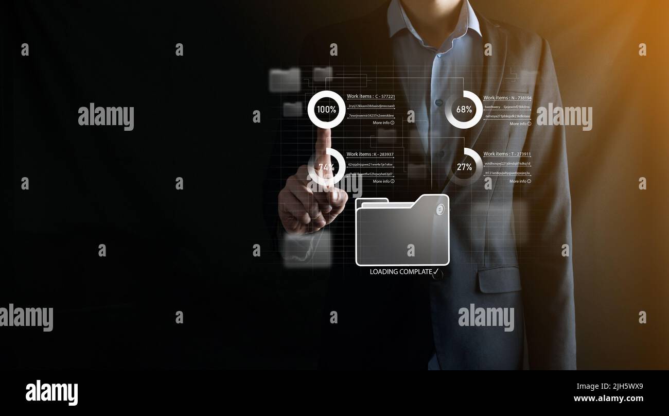 Business developer hand using board framework on virtual modern computer showing innovation ...