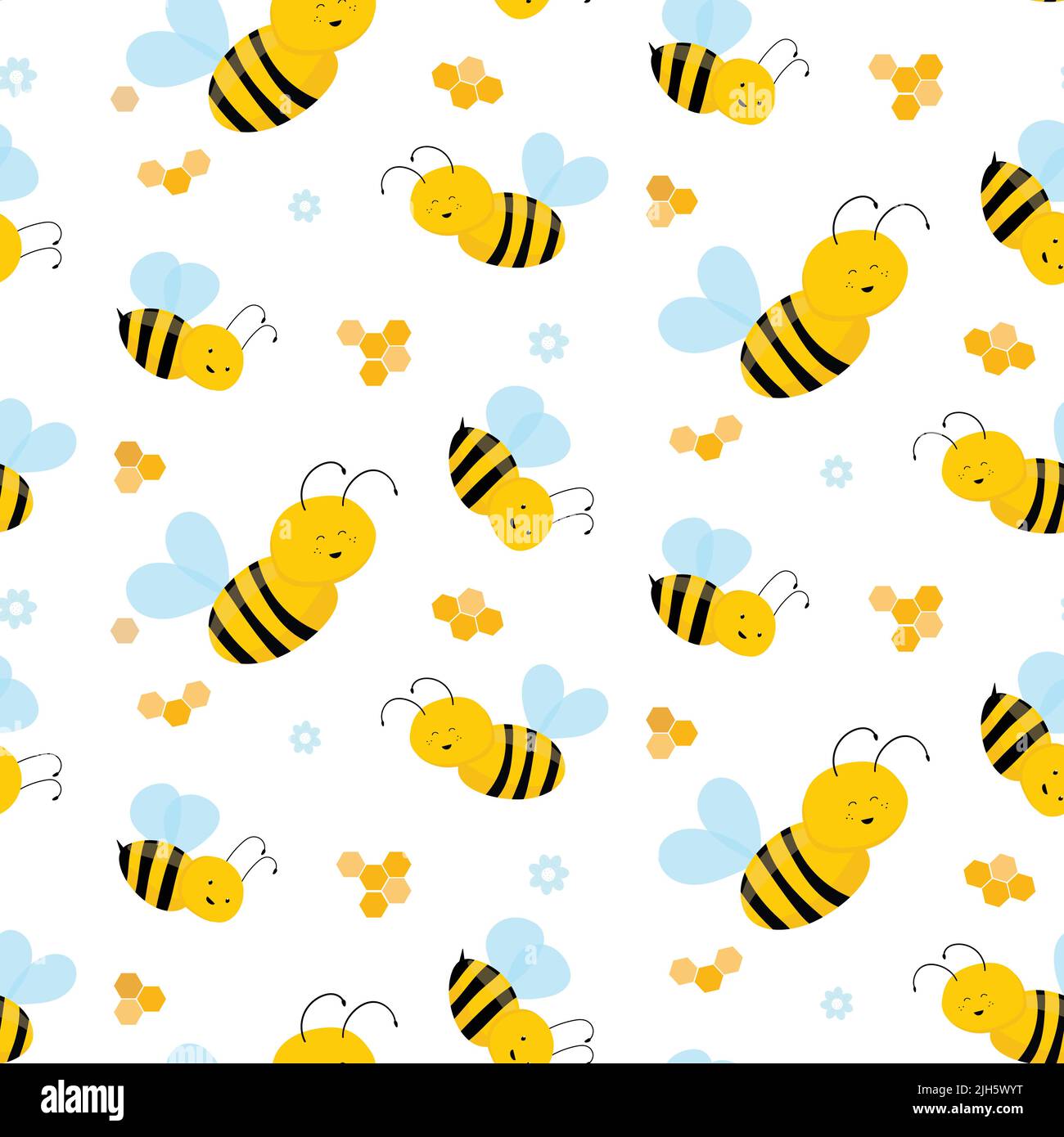 Flying cute bees seamless pattern. Vector cartoon black and yellow ...